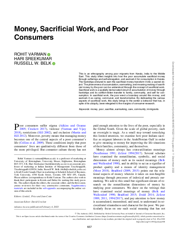 (PDF) Money, Sacrificial Work, and Poor Consumers | Hari Sreekumar ...