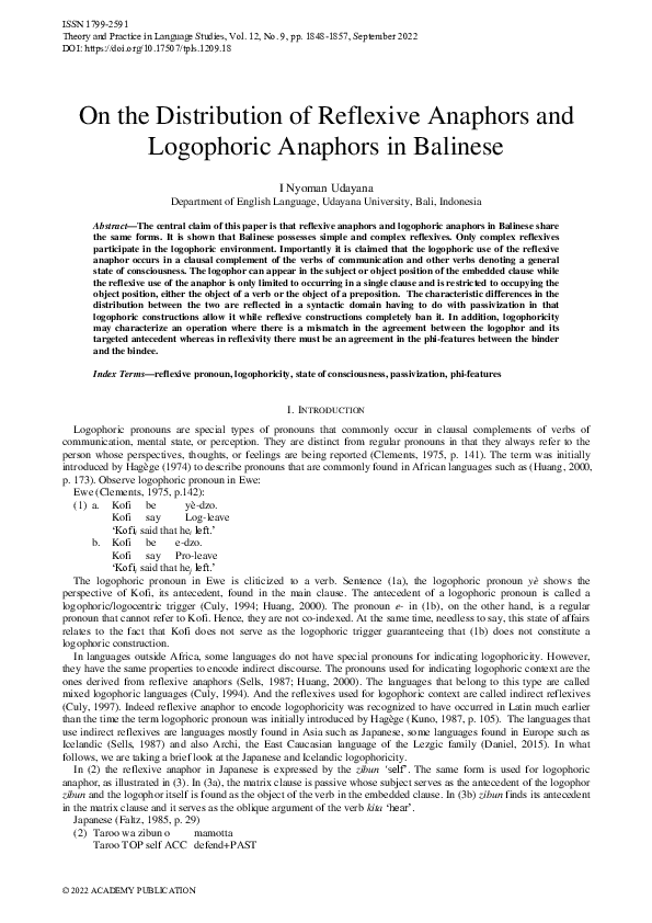 (PDF) On the Distribution of Reflexive Anaphors and Logophoric Anaphors ...