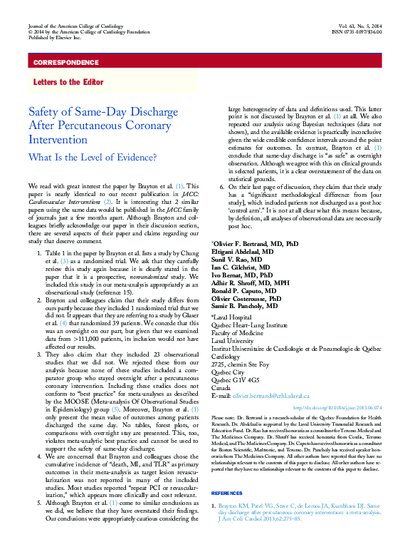 (PDF) Safety of Same-Day Discharge After Percutaneous Coronary Intervention