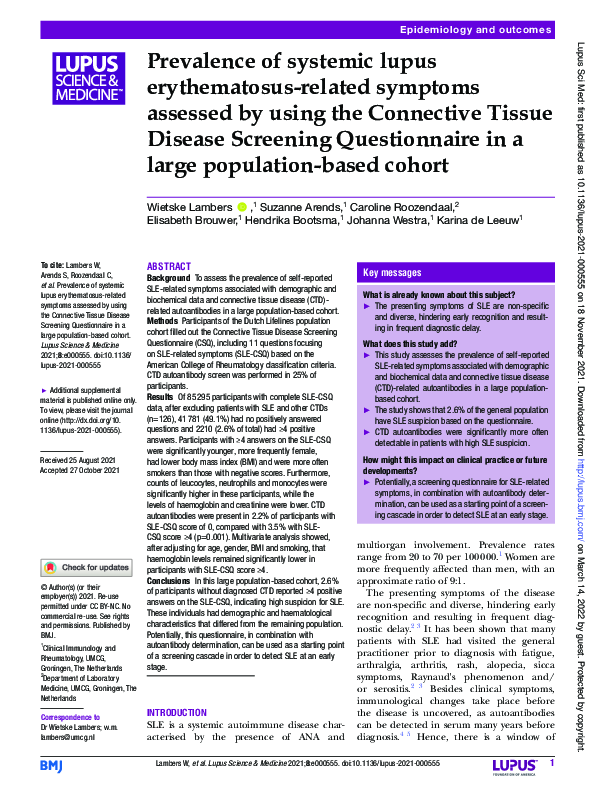 (PDF) Prevalence of systemic lupus erythematosus-related symptoms assessed by using the ...