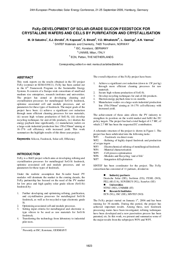 (PDF) FoXy Development of solar-grade silicon feedstock for crystalline ...