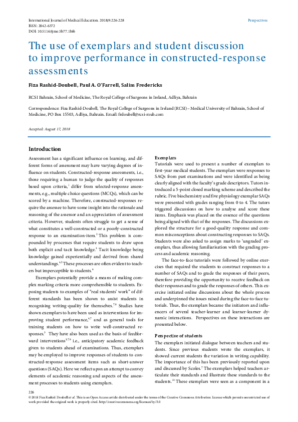 (PDF) The use of exemplars and student discussion to improve performance in constructed-response ...