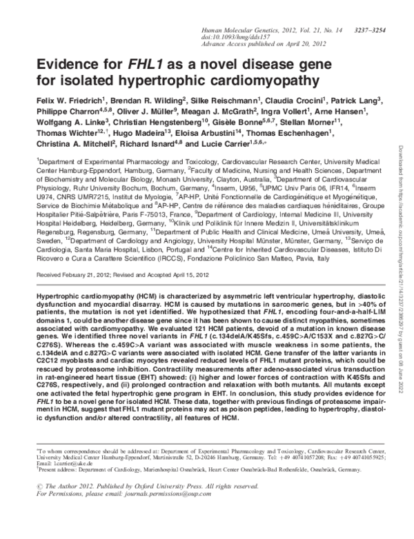 (PDF) Evidence for FHL1 as a novel disease gene for isolated ...