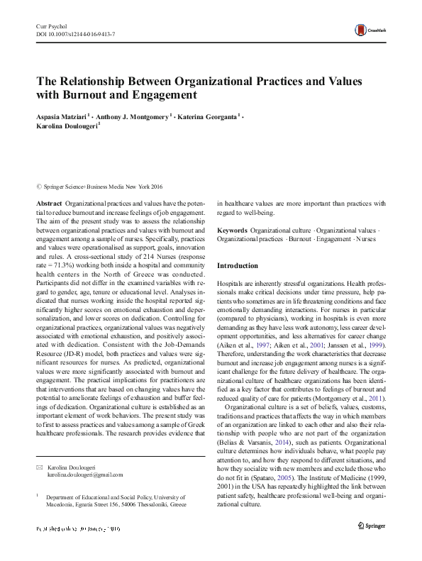 (PDF) The Relationship Between Organizational Practices and Values with Burnout and Engagement ...