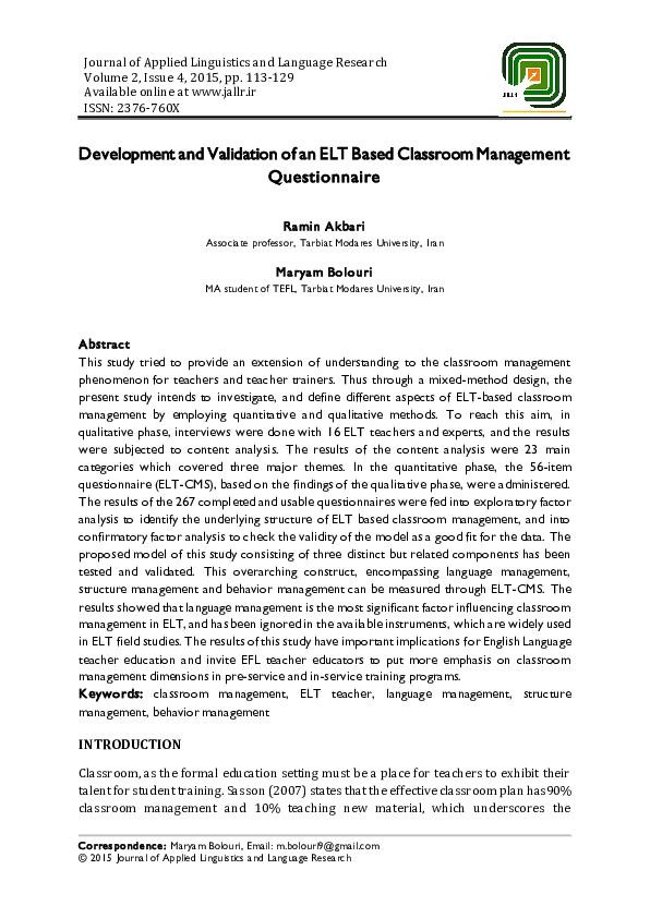 (PDF) Development and Validation of an ELT Based Classroom Management Questionnaire