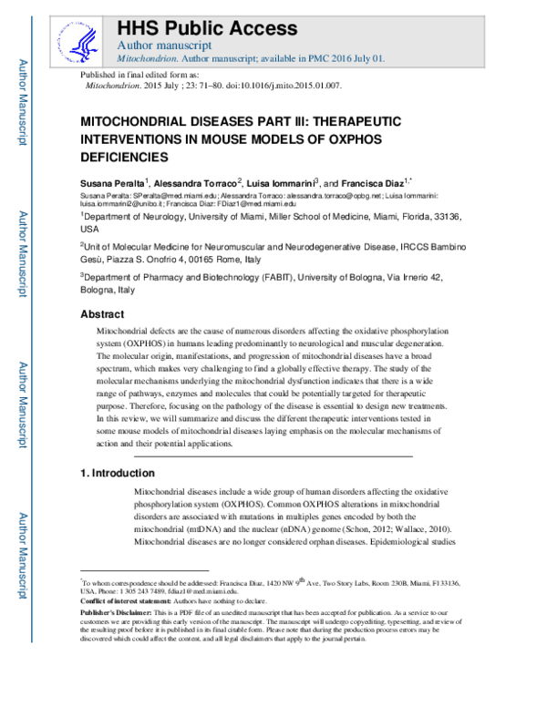 (PDF) Mitochondrial diseases Part III: Therapeutic interventions in ...