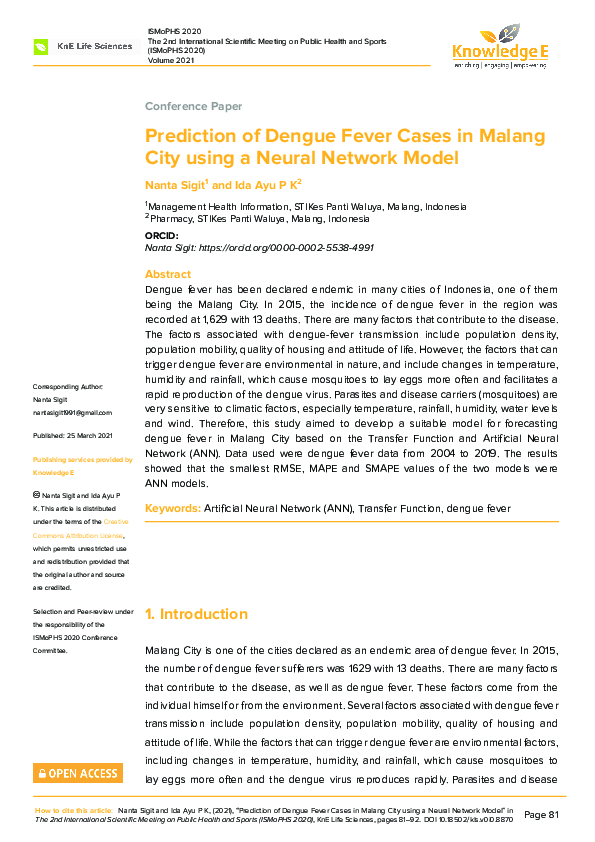 Pdf Prediction Of Dengue Fever Cases In Malang City Using A Neural Network Model Nanta Sigit