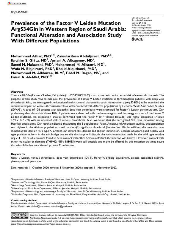 (PDF) Prevalence of the Factor V Leiden Mutation Arg534Gln in Western ...