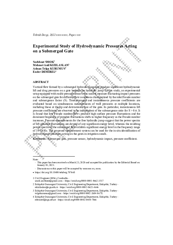 (PDF) Experimental Study of Hydrodynamic Pressures Acting on a Submerged Gate