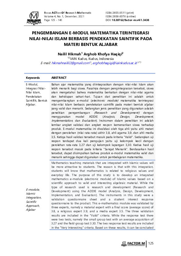 (PDF) Pengembangan E-Modul Matematika Terintegrasi Nilai-Nilai Islam Berbasis Pendekatan ...