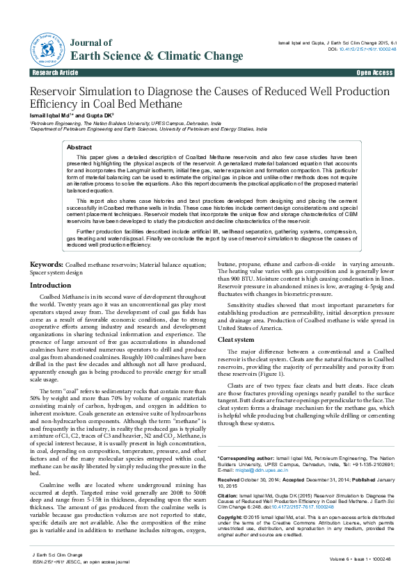 Pdf Reservoir Simulation To Diagnose The Causes Of Reduced Well Production Efficiency In Coal