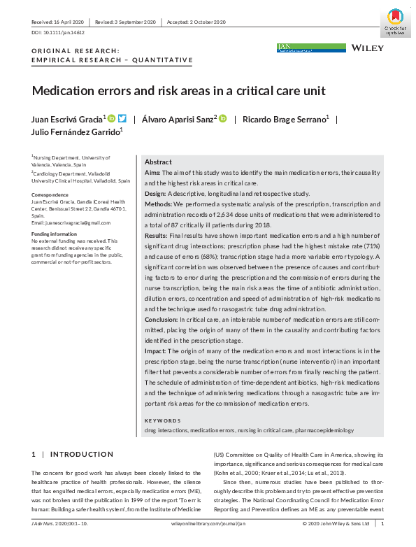 (PDF) Medication errors and risk areas in a critical care unit