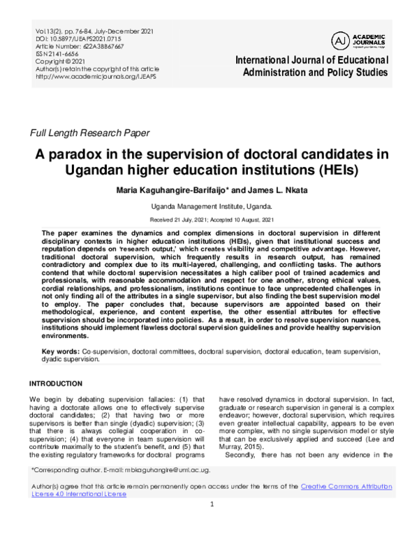 (PDF) A paradox in the supervision of doctoral candidates in Ugandan ...