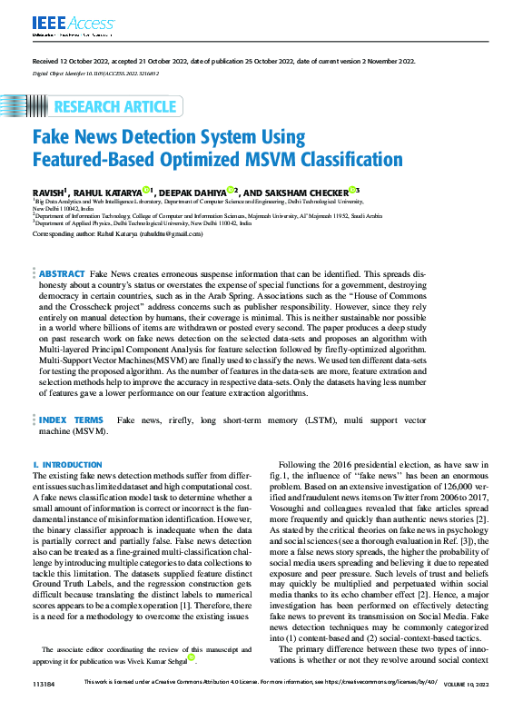 Pdf Fake News Detection System Using Featured Based Optimized Msvm Classification