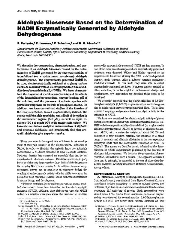(PDF) Aldehyde Biosensor Based on the Determination of NADH Enzymically ...