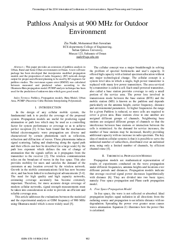 (PDF) Pathloss Analysis at 900 MHz for Outdoor Environment