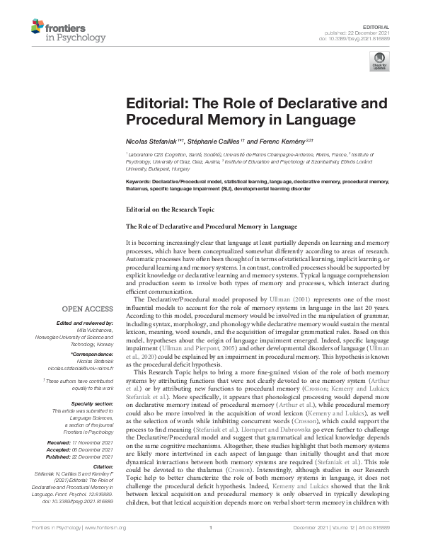 (PDF) Editorial: The Role of Declarative and Procedural Memory in Language