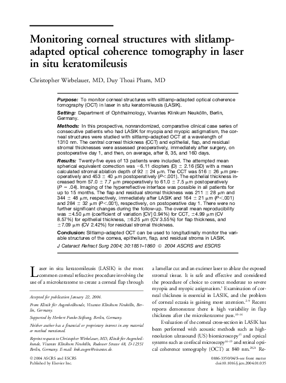 (PDF) Monitoring corneal structures with slitlamp-adapted optical coherence tomography in laser ...
