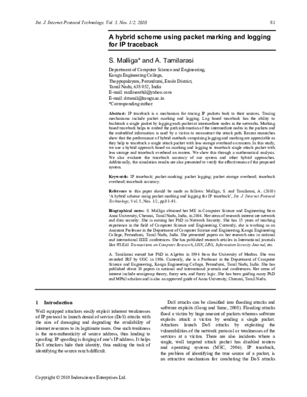 Pdf A Hybrid Scheme Using Packet Marking And Logging For Ip Traceback 2518