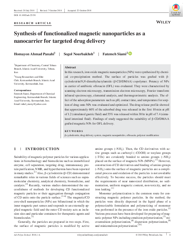 (PDF) Synthesis of functionalized magnetic nanoparticles as a nanocarrier for targeted drug delivery