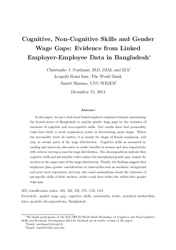 (PDF) Cognitive, Non-Cognitive Skills and Gender Wage Gaps: Evidence from Linked Employer ...