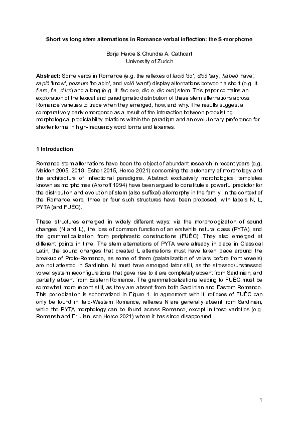 (PDF) Short vs long stem alternations in Romance verbal inflection: the ...