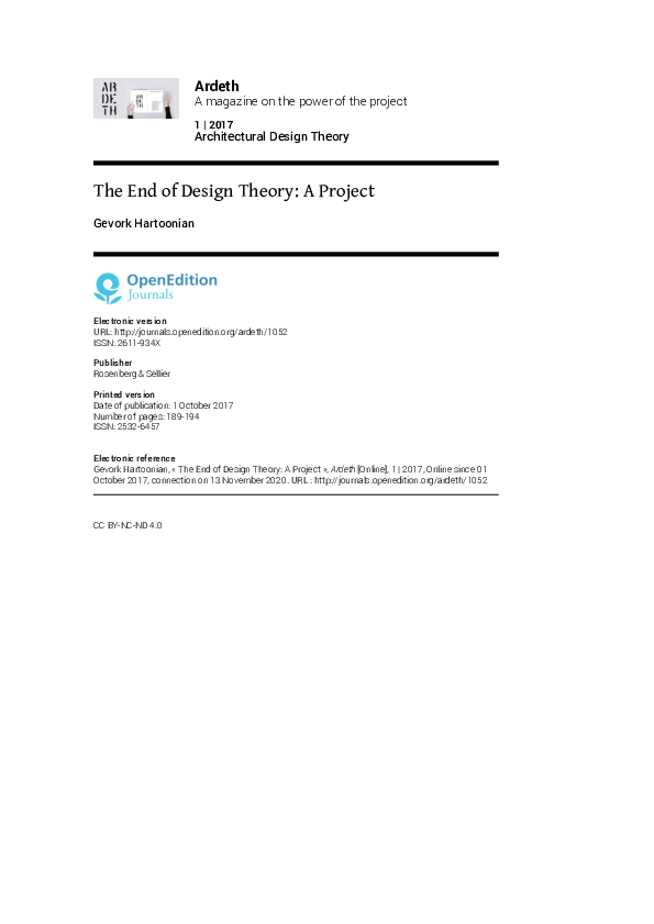 (PDF) The End of Design Theory: a project