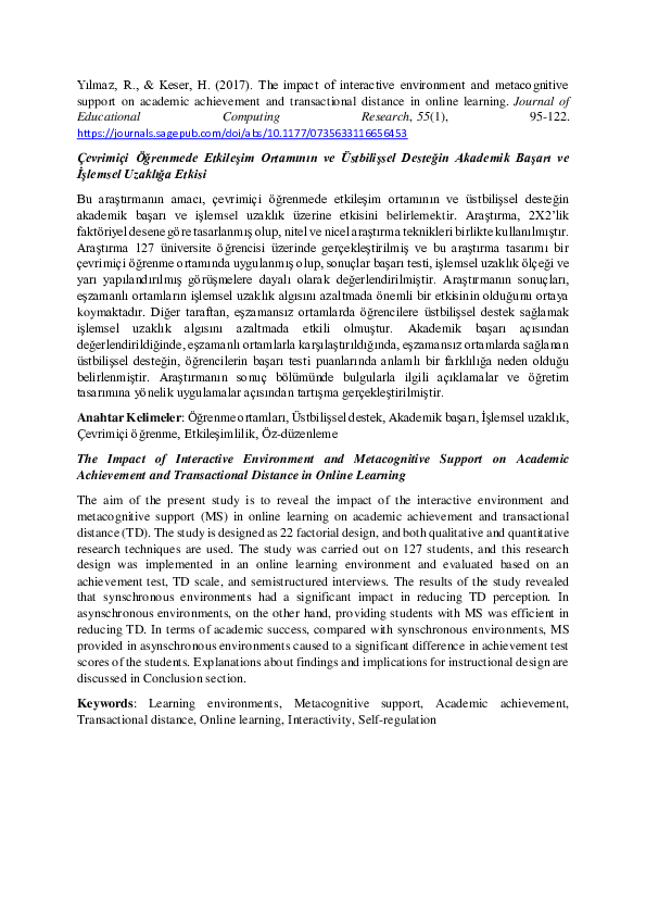 (PDF) The Impact of Interactive Environment and Metacognitive Support on Academic Achievement ...