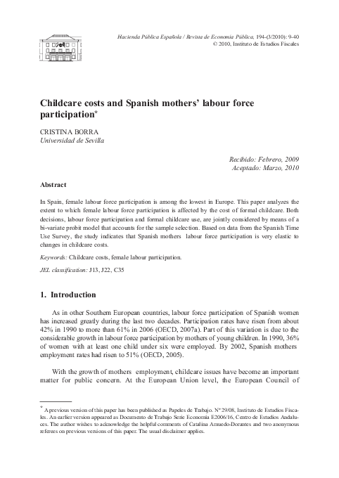 (PDF) Childcare cost and Spanish mother’s labour force participation