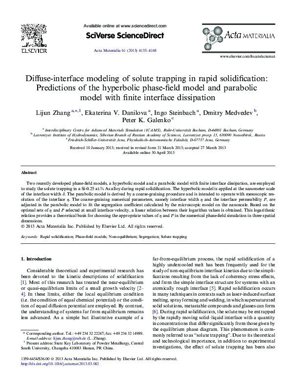 (PDF) Modeling Solute Trapping in Rapid Solidification: Hyperbolic vs Parabolic Phase-Field