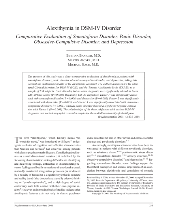 (PDF) Alexithymia in DSM-IV Disorder: Comparative Evaluation of ...