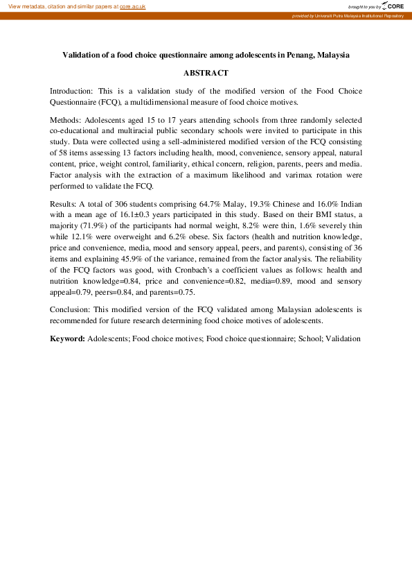 (PDF) Validation of a food choice questionnaire among adolescents in ...