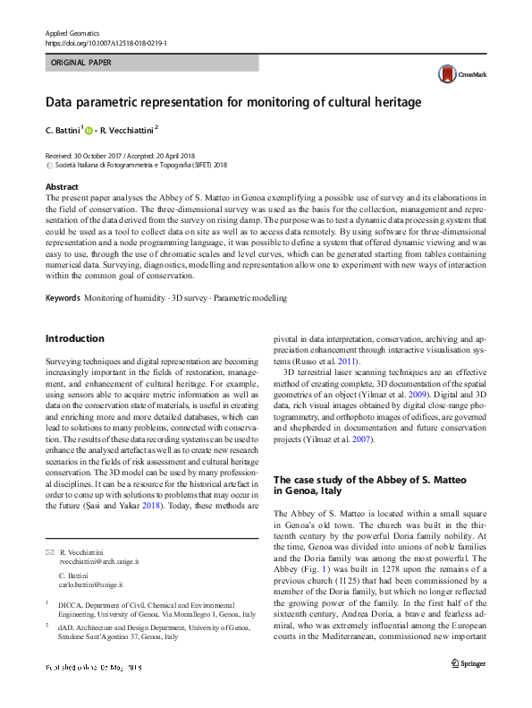 (PDF) Data parametric representation for monitoring of cultural heritage