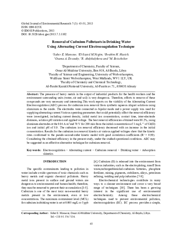(PDF) Removal of Nickel from Drinking Water by Electrocoagulation Technique Using Alternating ...