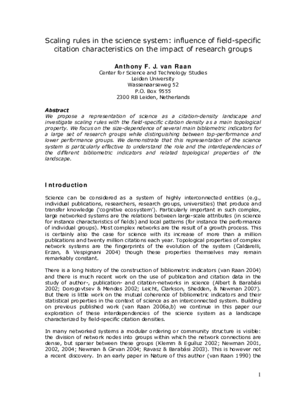 (PDF) Scaling rules in the science system: Influence of field-specific citation characteristics ...