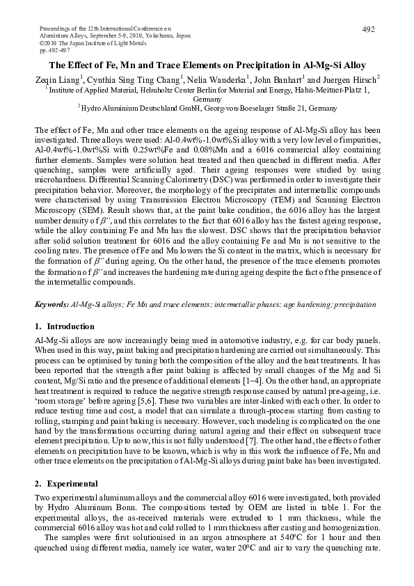 (PDF) The Effect of Fe, Mn and Trace Elements on Precipitation in Al-Mg ...