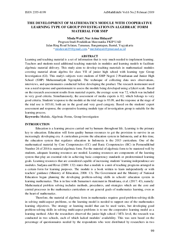 (PDF) The Development of Mathematics Module with Cooperative Learning ...