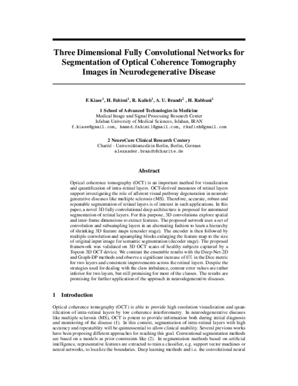 (PDF) Three Dimensional Fully Convolutional Networks for Segmentation of Optical Coherence ...