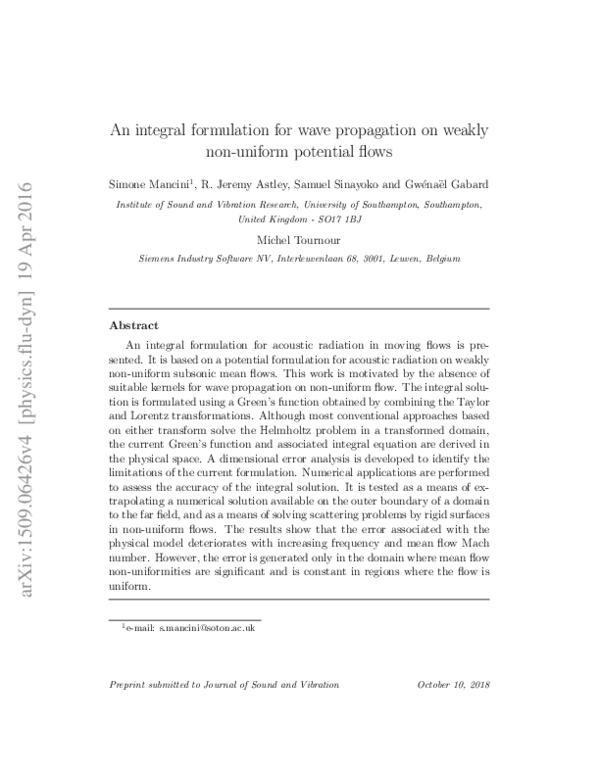 (PDF) An integral formulation for wave propagation on weakly non-uniform potential flows