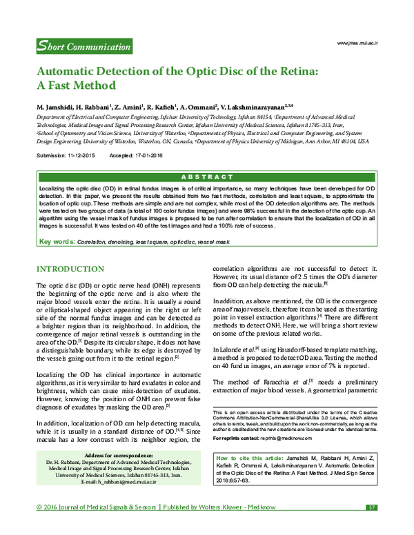 (PDF) Automatic detection of the optic disc of the retina: A fast method