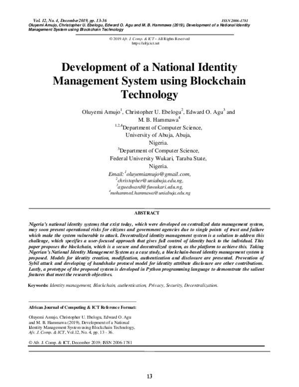 (PDF) Development of a National Identity Management System using Blockchain Technology