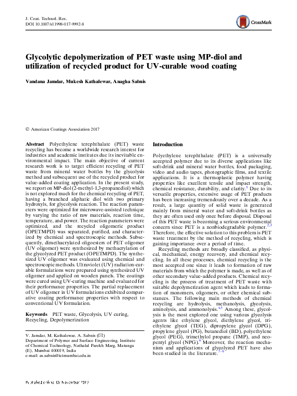 (PDF) Glycolytic depolymerization of PET waste using MP-diol and ...