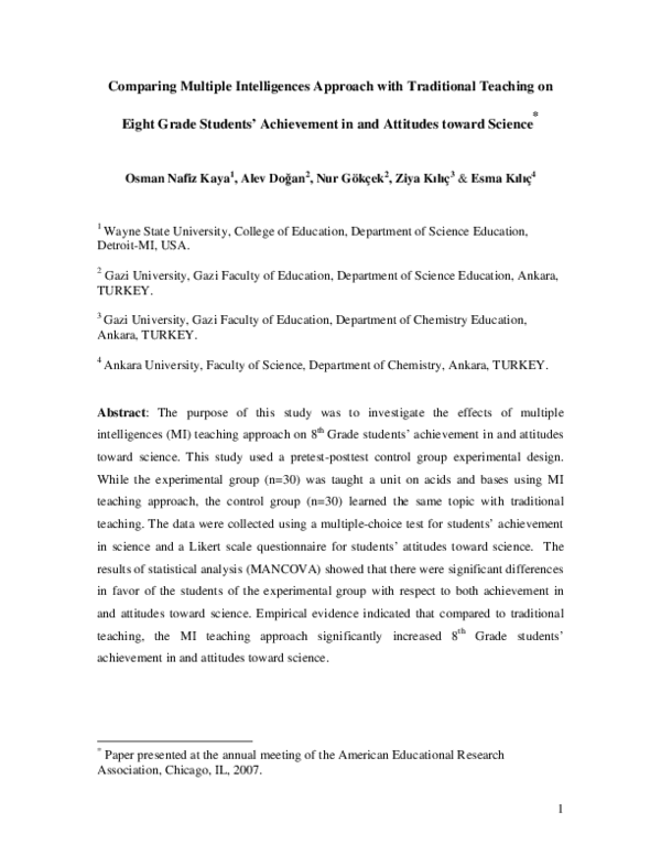 (PDF) Comparing Multiple Intelligences Approach with Traditional Teaching on Eight Grade ...