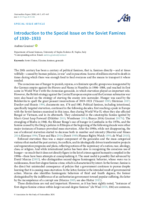 (PDF) Introduction to the Special Issue on the Soviet Famines of 1930-1933
