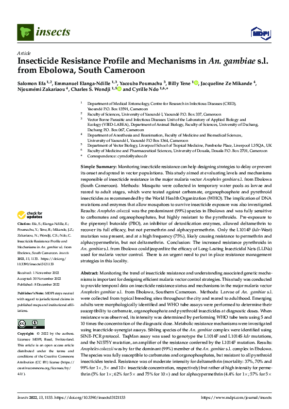 (PDF) Insecticide Resistance Profile and Mechanisms in An. gambiae s.l. from Ebolowa, South Cameroon