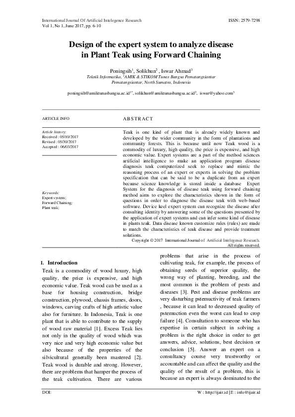 (PDF) Design of the expert system to analyze disease in Plant Teak using Forward Chaining ...