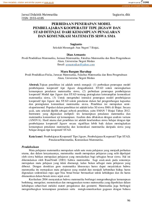 (PDF) Perbedaan Penerapan Model Pembelajaran Kooperatif Tipe Jigsaw dan STAD Ditinjau dari ...