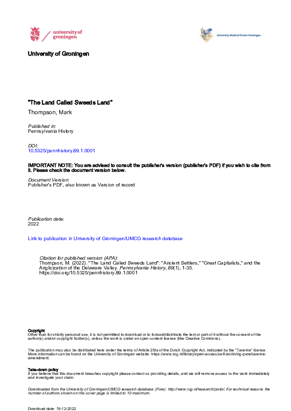 (PDF) “The Land Called Sweeds Land”: “Ancient Settlers,” “Great ...