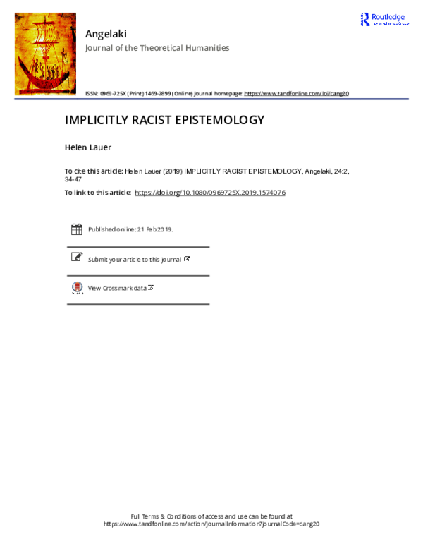 (PDF) Implicitly Racist Epistemology 2019 Angelaki TandF online