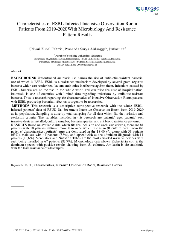 (PDF) Characteristics of ESBL-Infected Intensive Observation Room ...